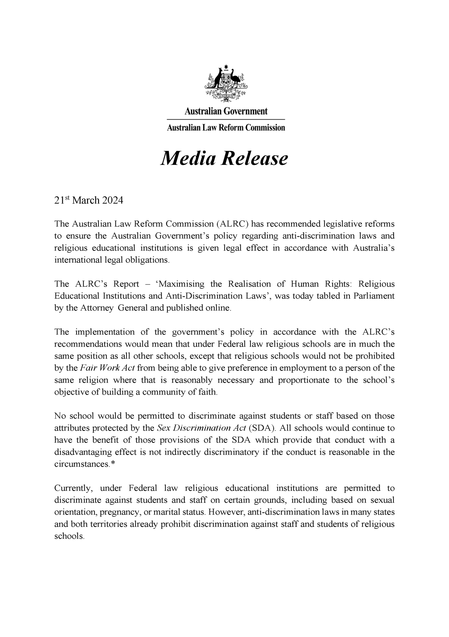 ALRC Religious Educational Institutions and Anti-Discrimination Laws ...